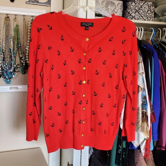 Spense | Sweaters | Anchor Patterned Red Cardigan | Poshmark